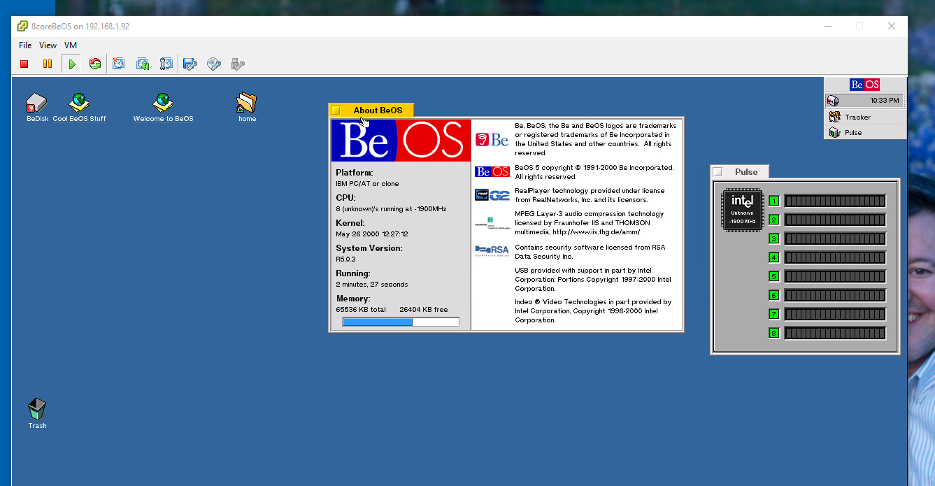 BeOS5 with 8 procs inside Virtual Machine - Be, Inc. - Haiku Community